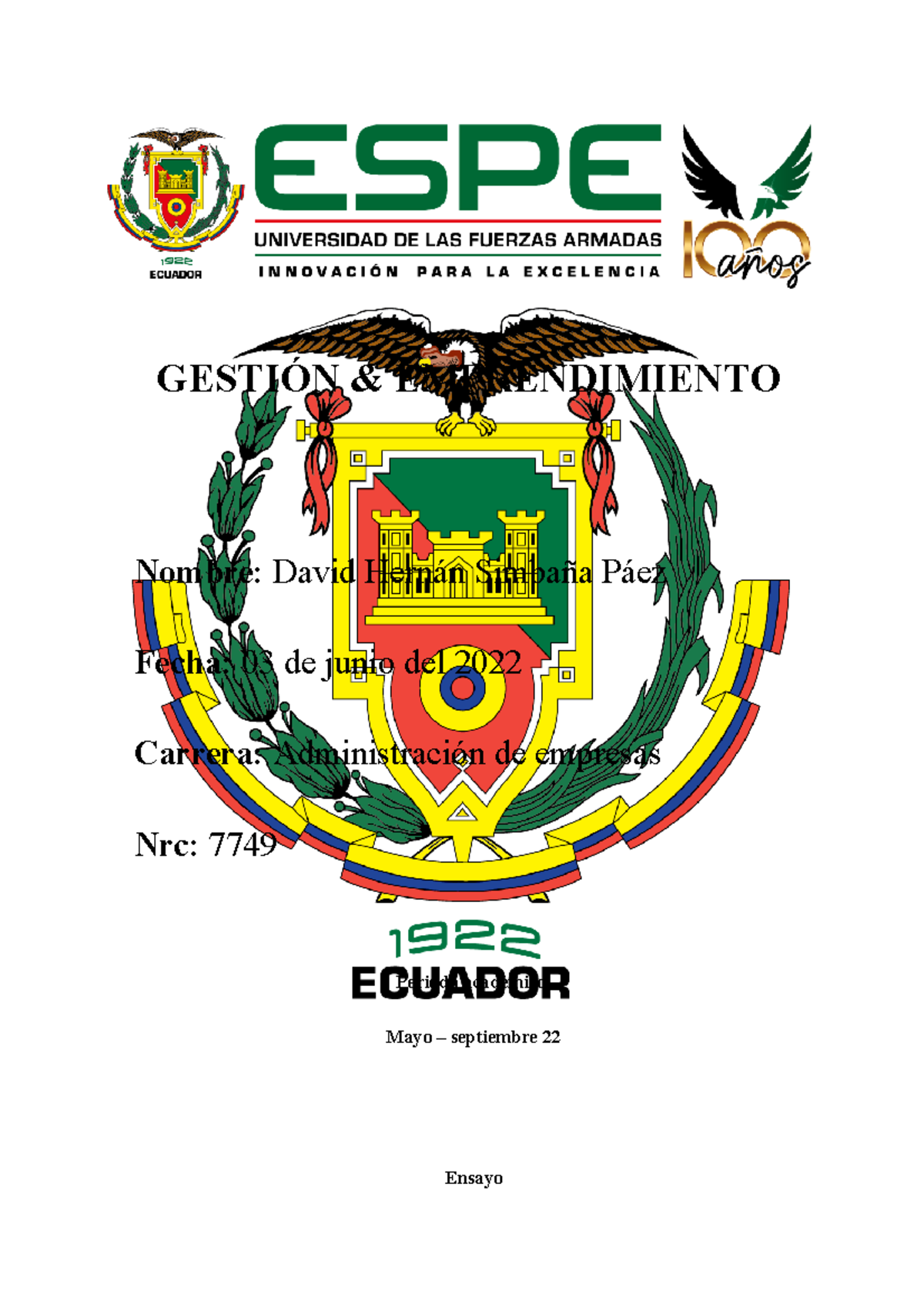 espe deberes casa - GESTIÓN & EMPRENDIMIENTO Nombre: David Hernán ...