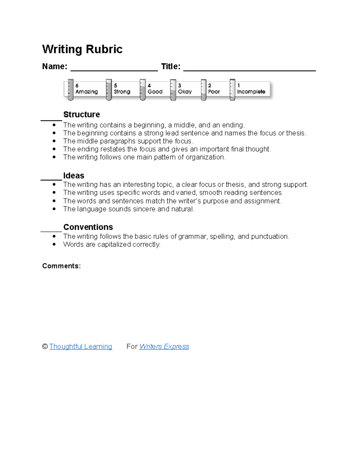 Writing Rubric - Its good - Writing Rubric Name: Title: Structure The ...