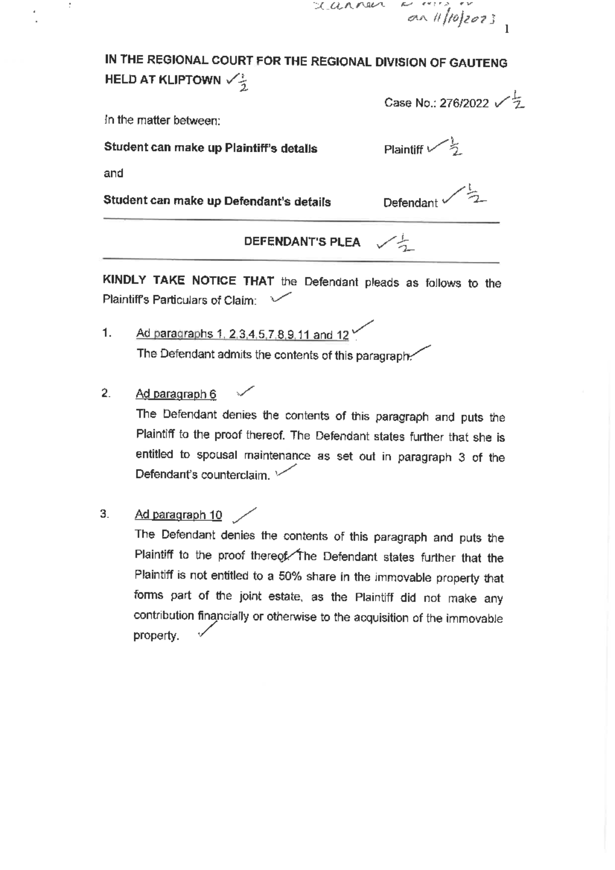 PLEA AND Counterclaim MEMO - Studocu