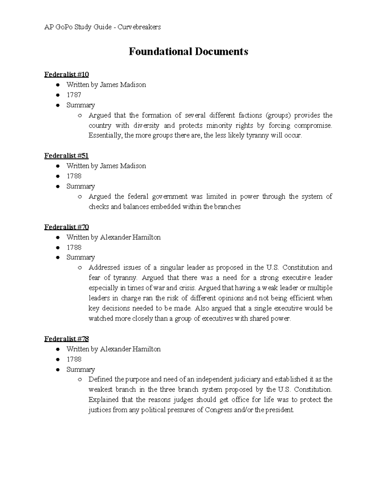 AP Go Po Study Guide 2 - Foundational Documents Federalist # Written by ...