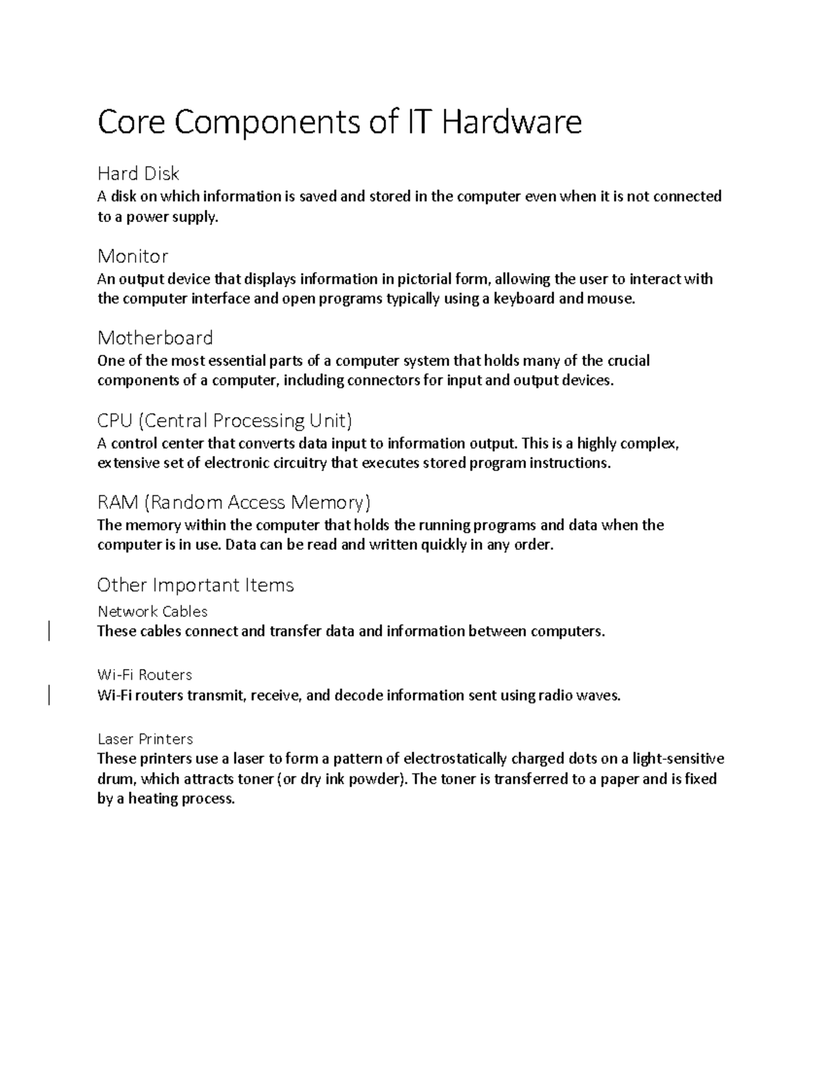 Core Components of IT Hardware - Monitor An output device that displays ...