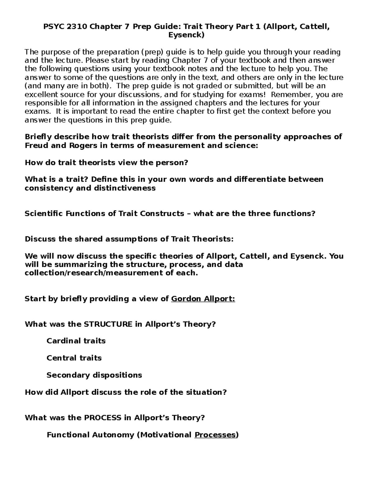 Psyc 2310 Prep Guide Ch 7 Trait Theory I Psyc 2310 Chapter 7 Prep Guide Trait Theory Part 1
