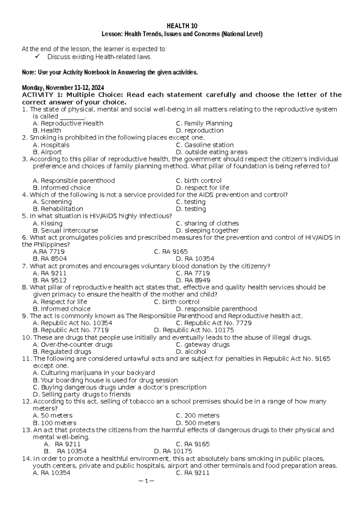 Health 10 Q2 LAS NO. 1 - LAS - HEALTH 10 Lesson: Health Trends, Issues ...