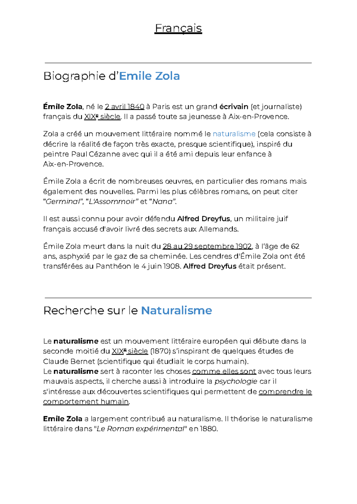 Français - Biographie Emile Zola et recherche sur le naturalisme ...
