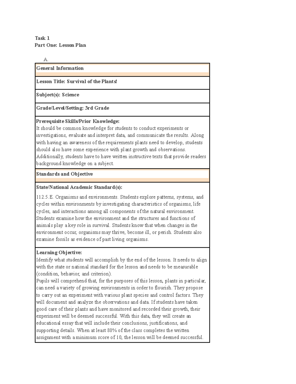 Task 1 C108 - Task 1 Part One: Lesson Plan A. General Information ...