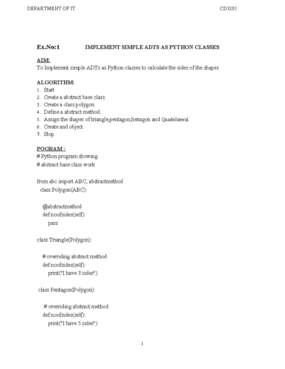 CD3281executed - nnjxfgjn - Ex:1 IMPLEMENT SIMPLE ADTS AS PYTHON CLASSES AIM: To Implement ...