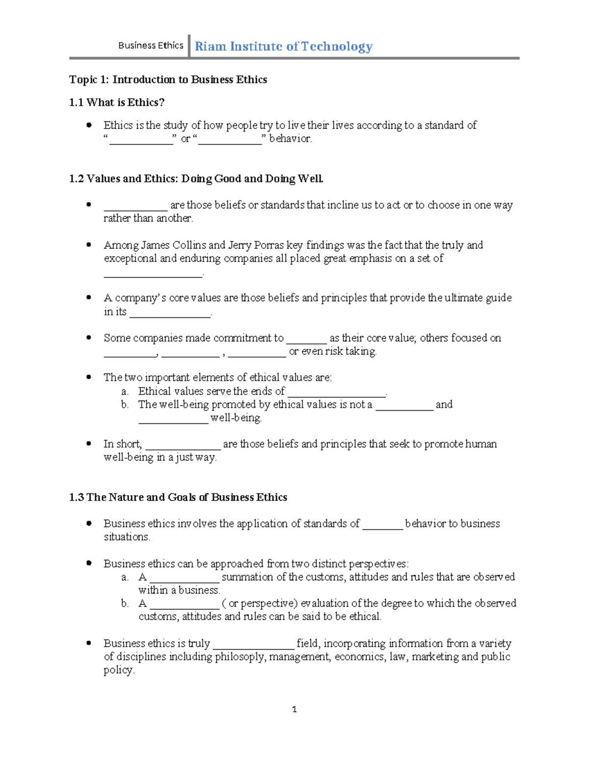 Topic 1 BE - Introduction to Business Ethics - Topic 1: Introduction to ...
