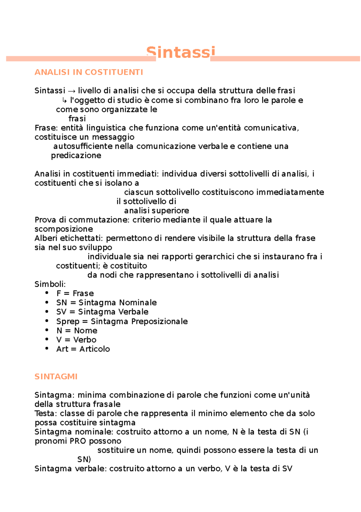 Cap 4 sintassi - La linguistica - Sintassi ANALISI IN COSTITUENTI ...