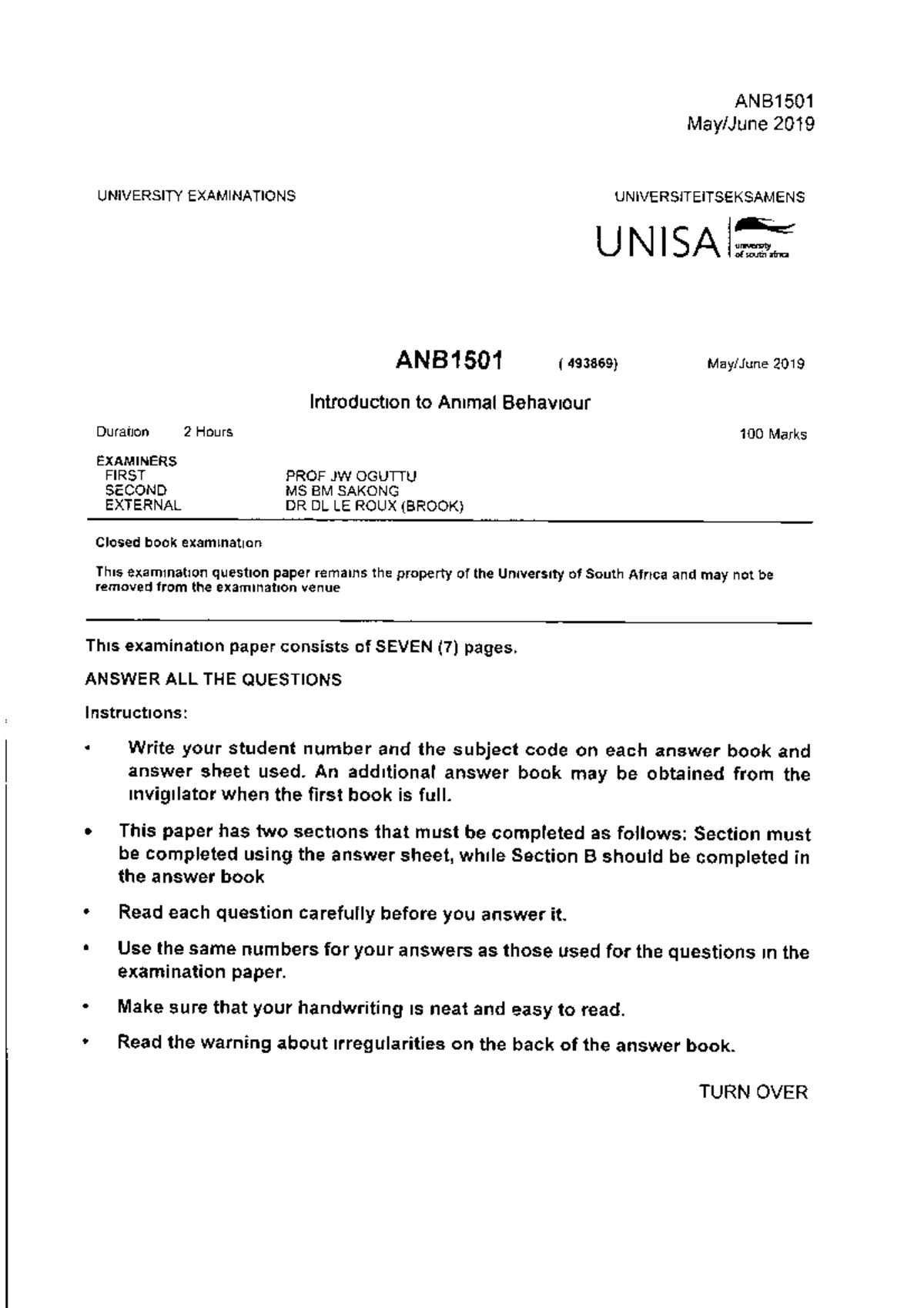 ANB-Question-paper - notes - ANB1501 2019 UNIVERSITY EXAMINATIONS ...