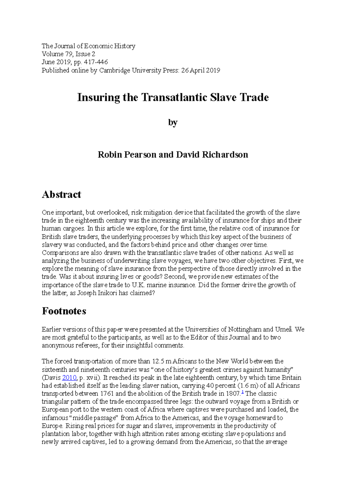 Insuring the Transatlantic Slave Trade - The Journal of Economic ...