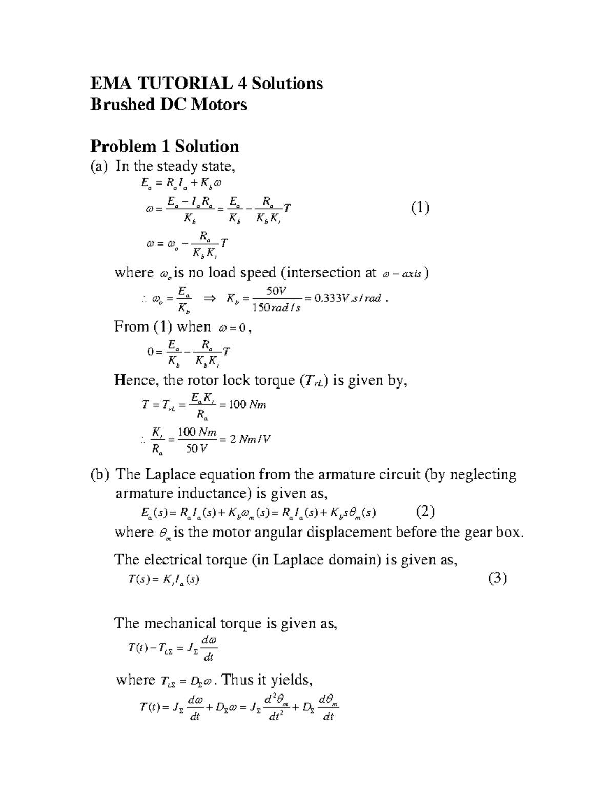 EMA TUT 4-A21 Solutions - EMA TUTORIAL 4 Solutions Brushed DC Motors ...