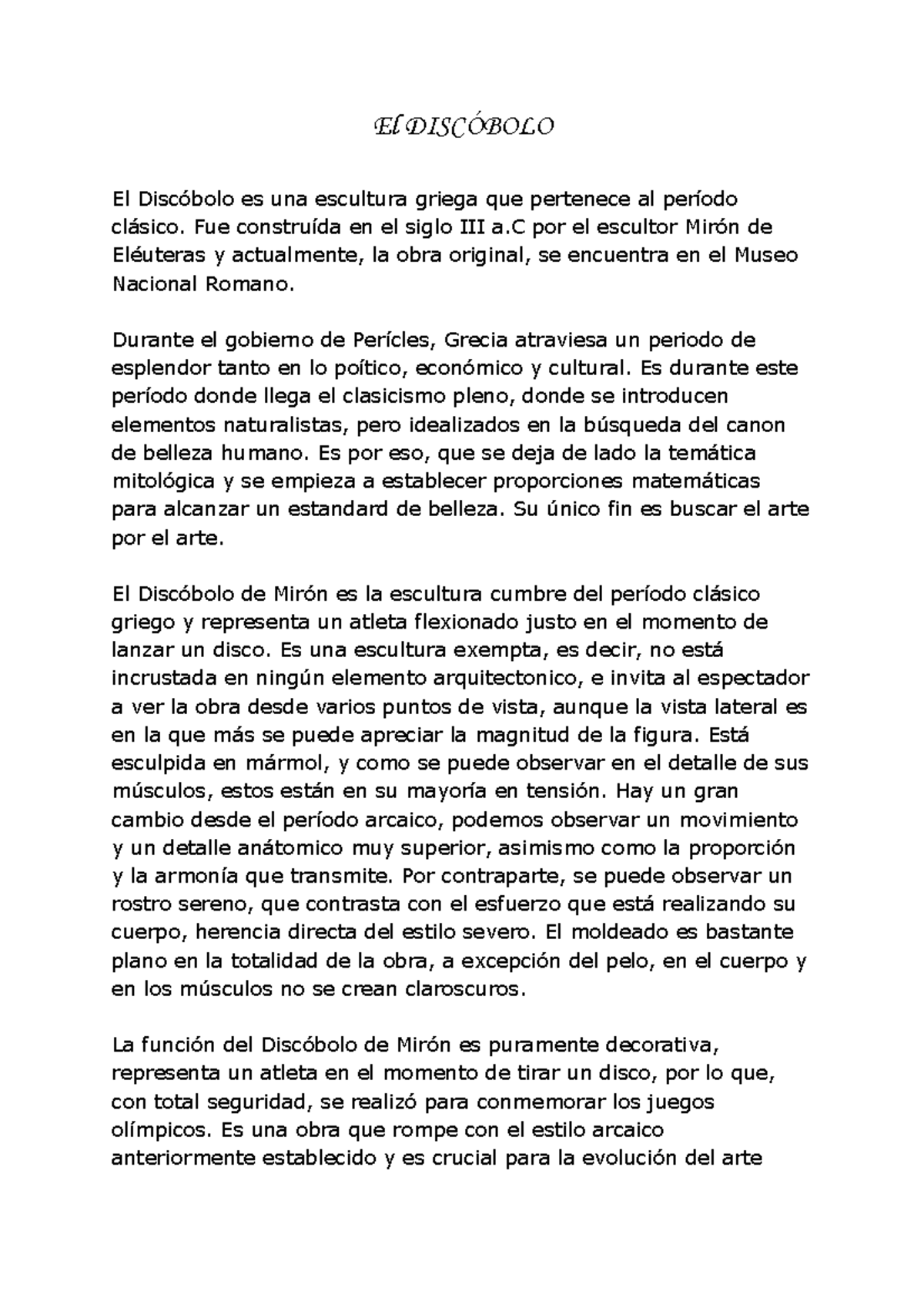 Comentario de arte- Discobolo de Mirón - El DISCÓBOLO El Discóbolo es ...