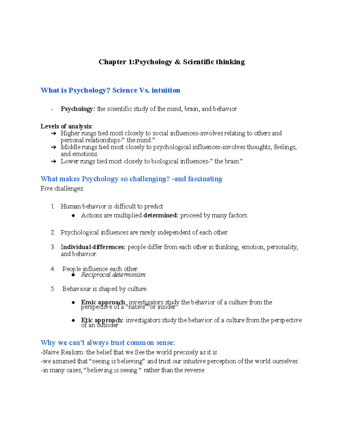 Psych 104- Chapter 1-11 - Chapter 1:Psychology & Scientific thinking ...