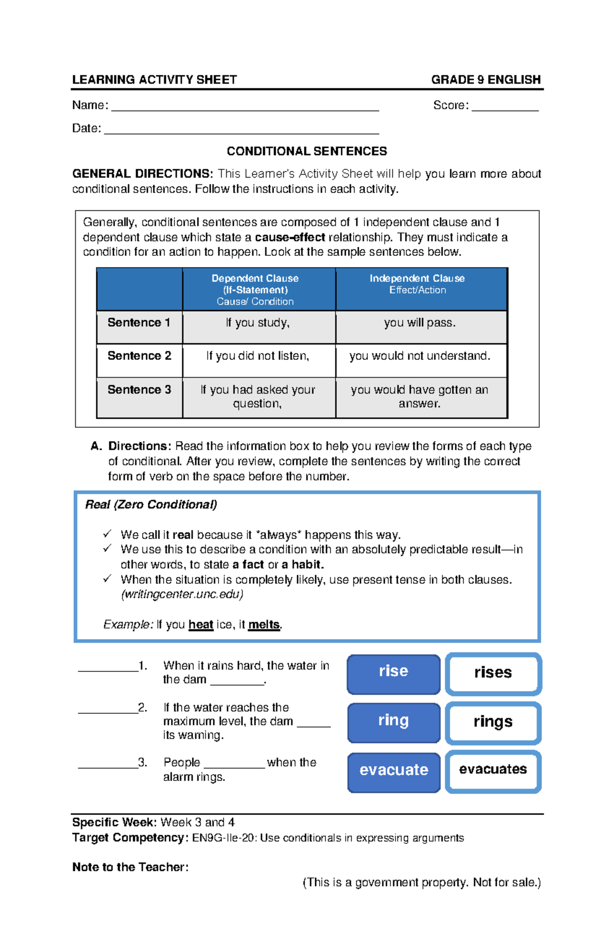 English 9 Q1 LAS 2 - module - Specific Week: Week 3 and 4 Target ...