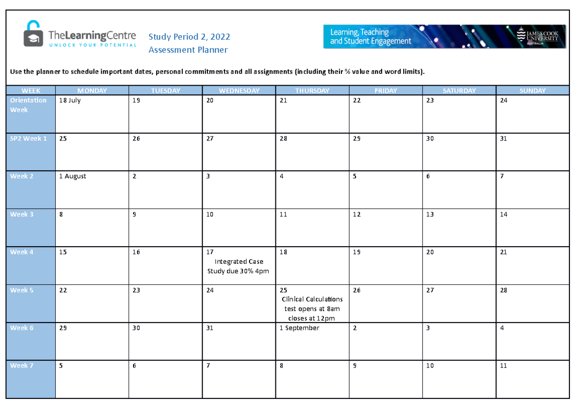 SP2 2022 semester planner template - Use the planner to schedule ...