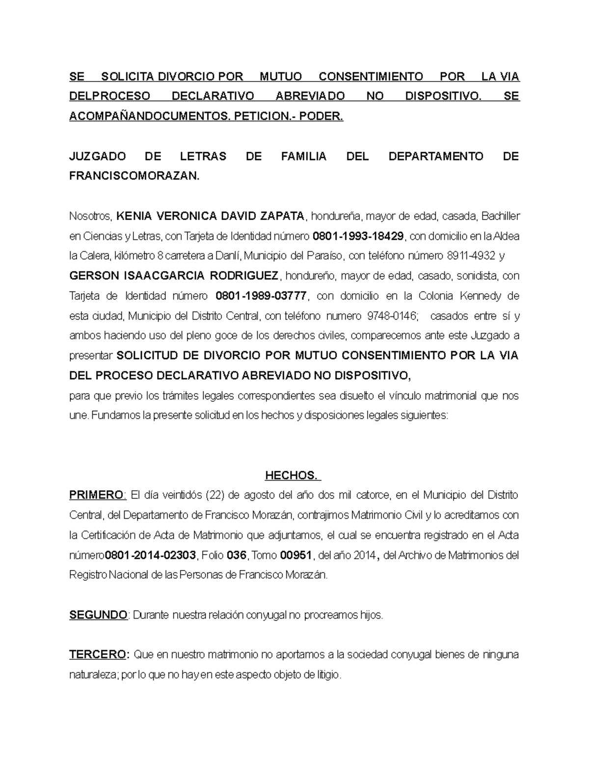 Demanda de divorcio por mutuo consentimiento - SE SOLICITA DIVORCIO POR ...