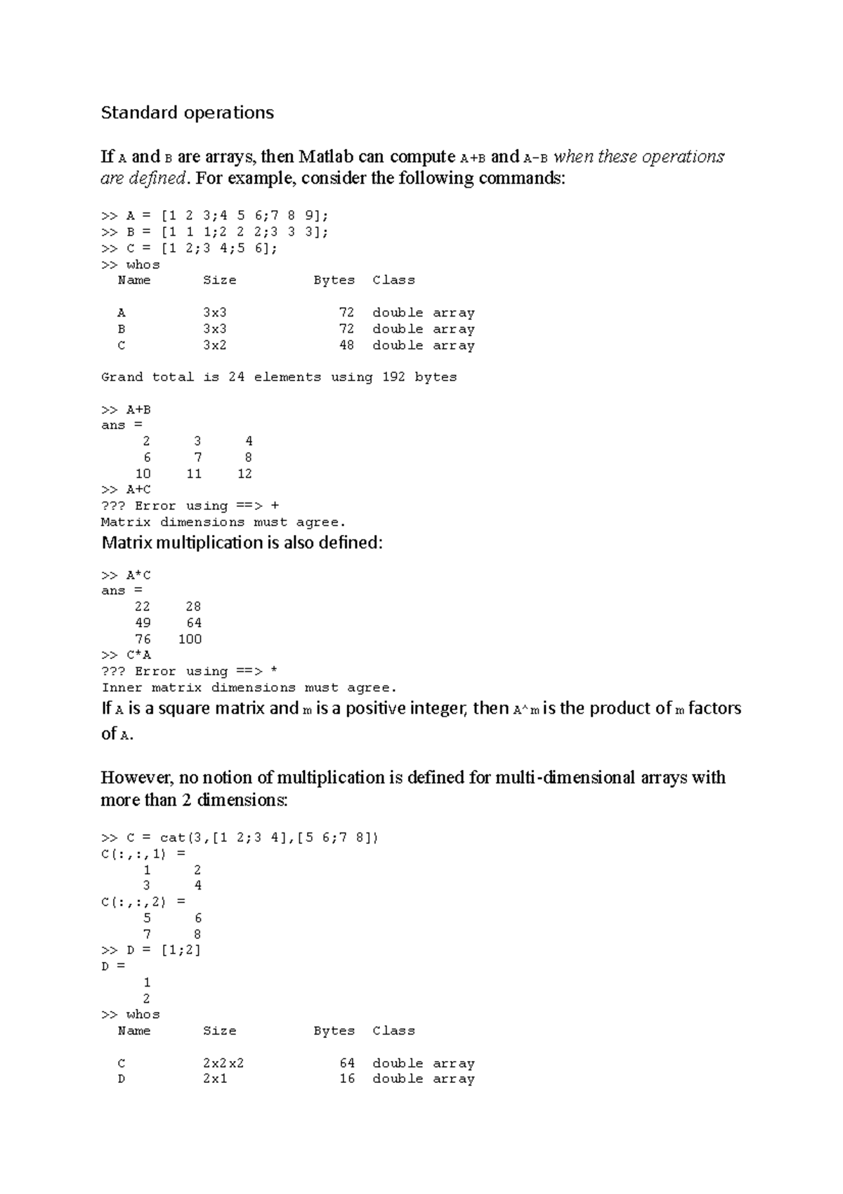 Standard operations explanation - Standard operations If A and B are ...