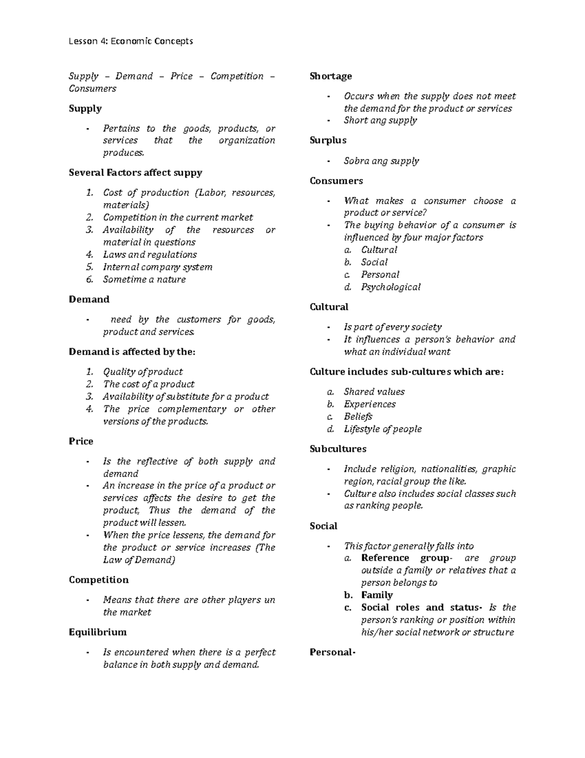 Supply - Lesson 4: Economic Concepts Supply – Demand – Price ...