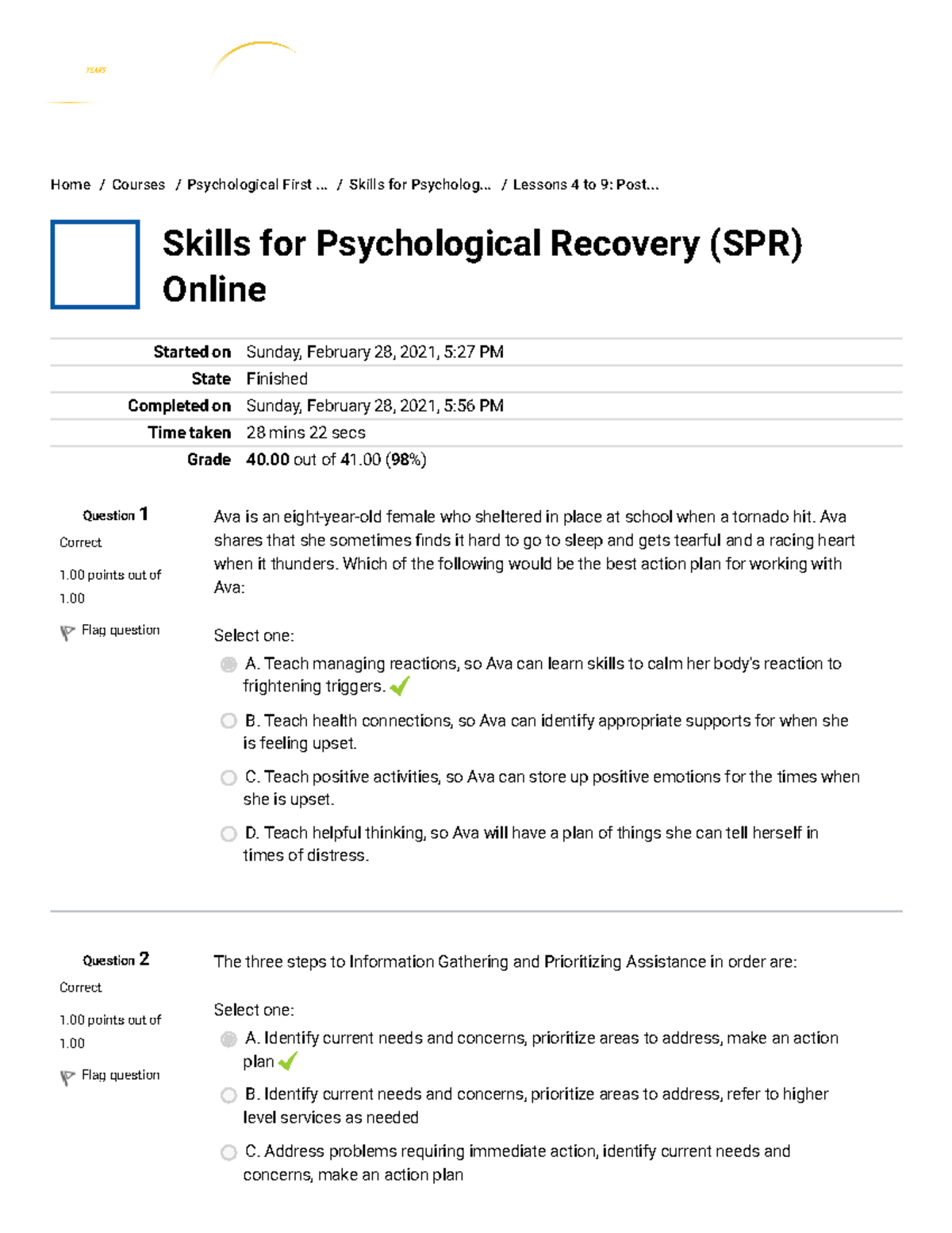 Lessons 4 to 9 Post Test - Skills for Psychological Recovery (SPR ...