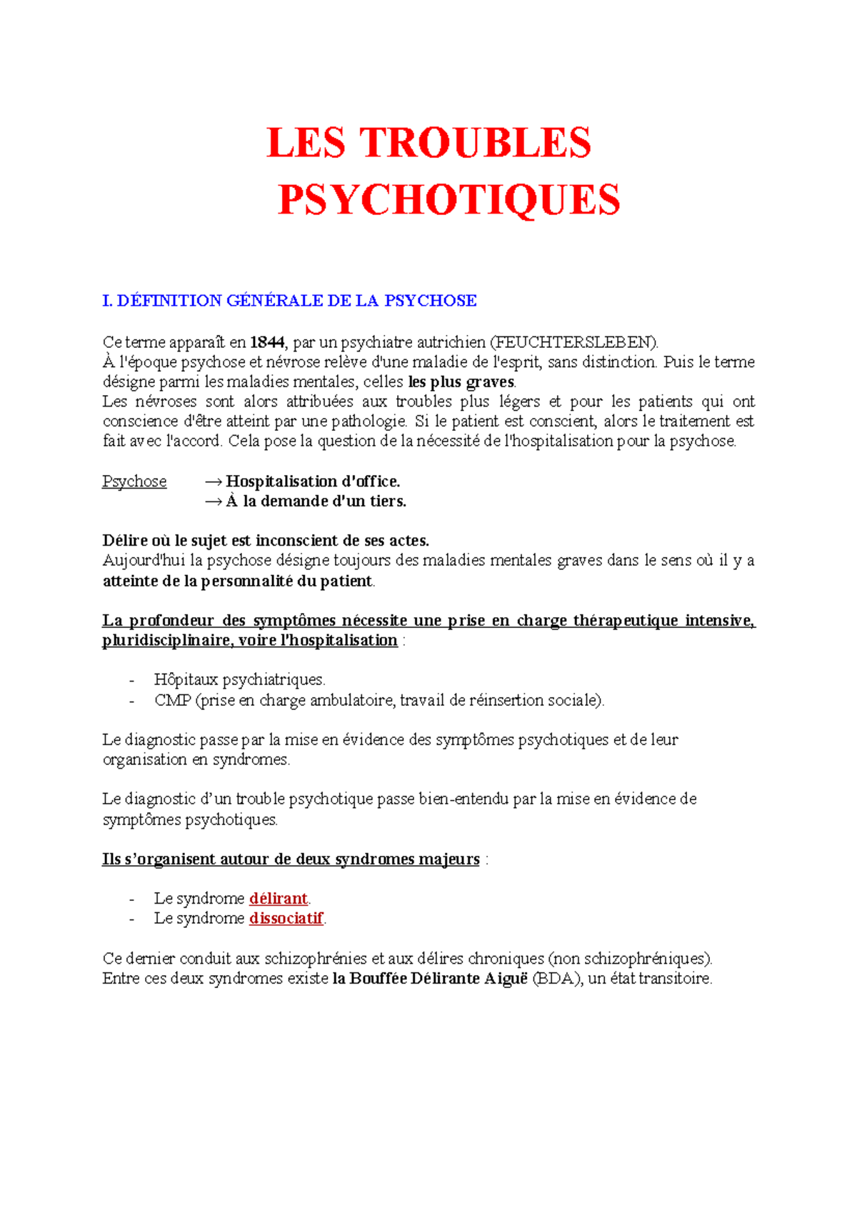 Les troubles psychotiques - LES TROUBLES PSYCHOTIQUES I. DÉFINITION ...