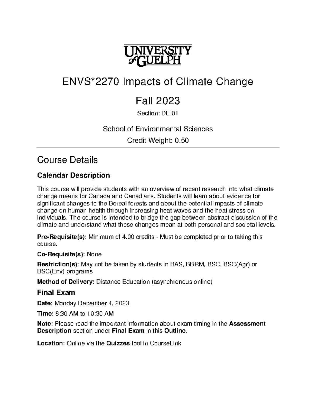 Outline ENVS2270 DE01 F23 Final - ENVS*2270 Impacts of Climate Change ...