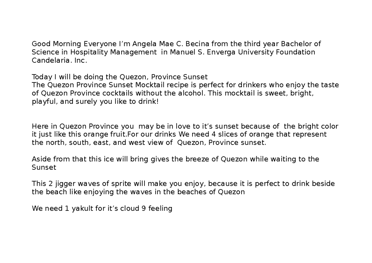 Bar script for Hospitality Management Students - Good Morning Everyone ...