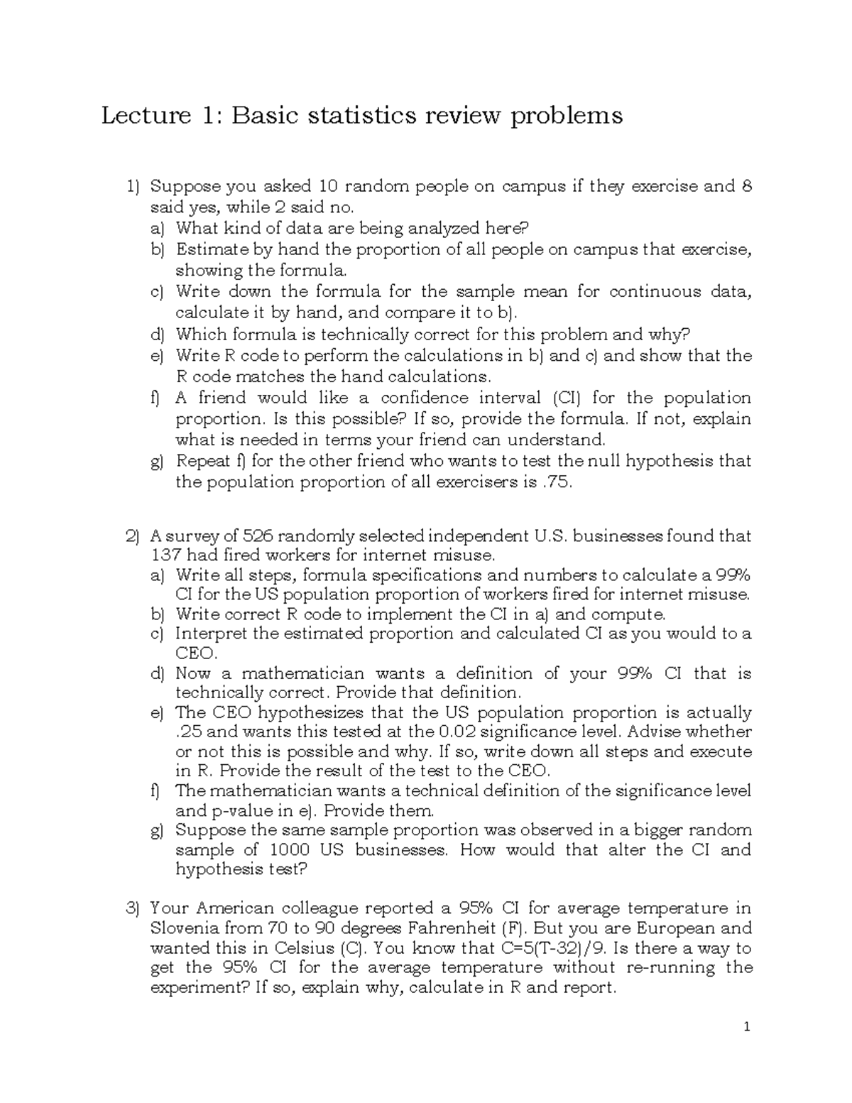 Lecture 1A Basic statistics review problems - 1 Lecture 1 : Basic ...