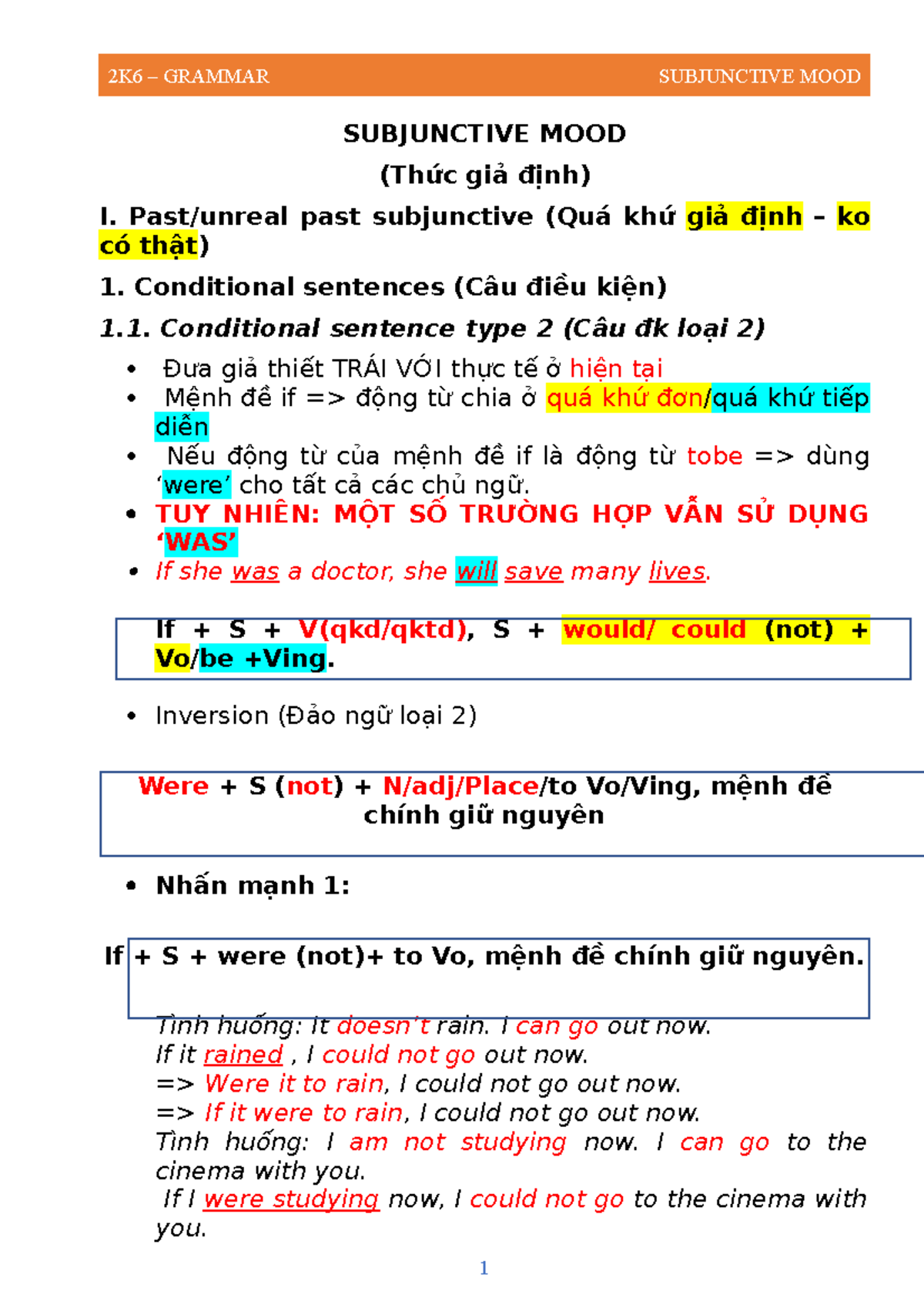 1. Subjunctive Mood - 1111111 - SUBJUNCTIVE MOOD (Thức giả định) I. Past/unreal past subjunctive ...