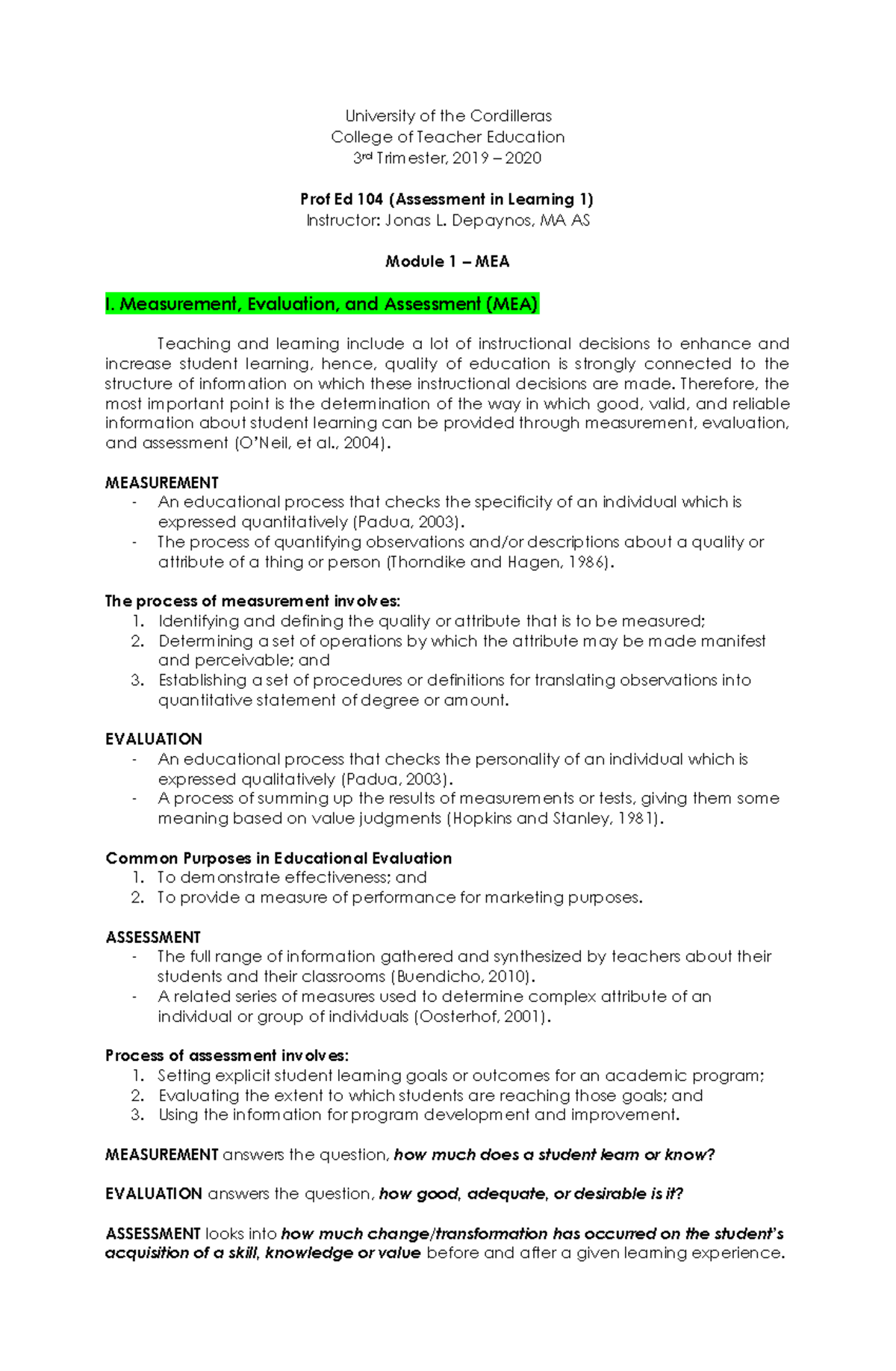 Prof Ed 104 - Module 1 (Material) - University of the Cordilleras ...