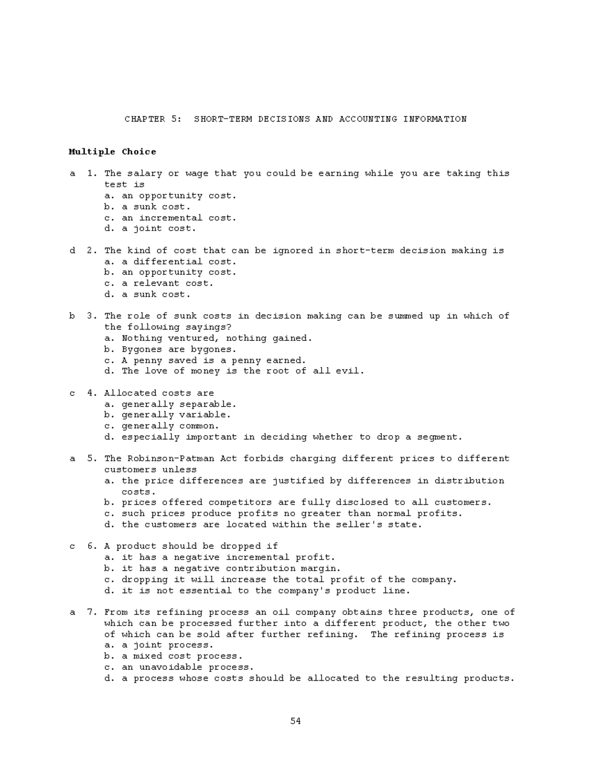 short term decisions and accounting informations - CHAPTER 5: SHORT ...