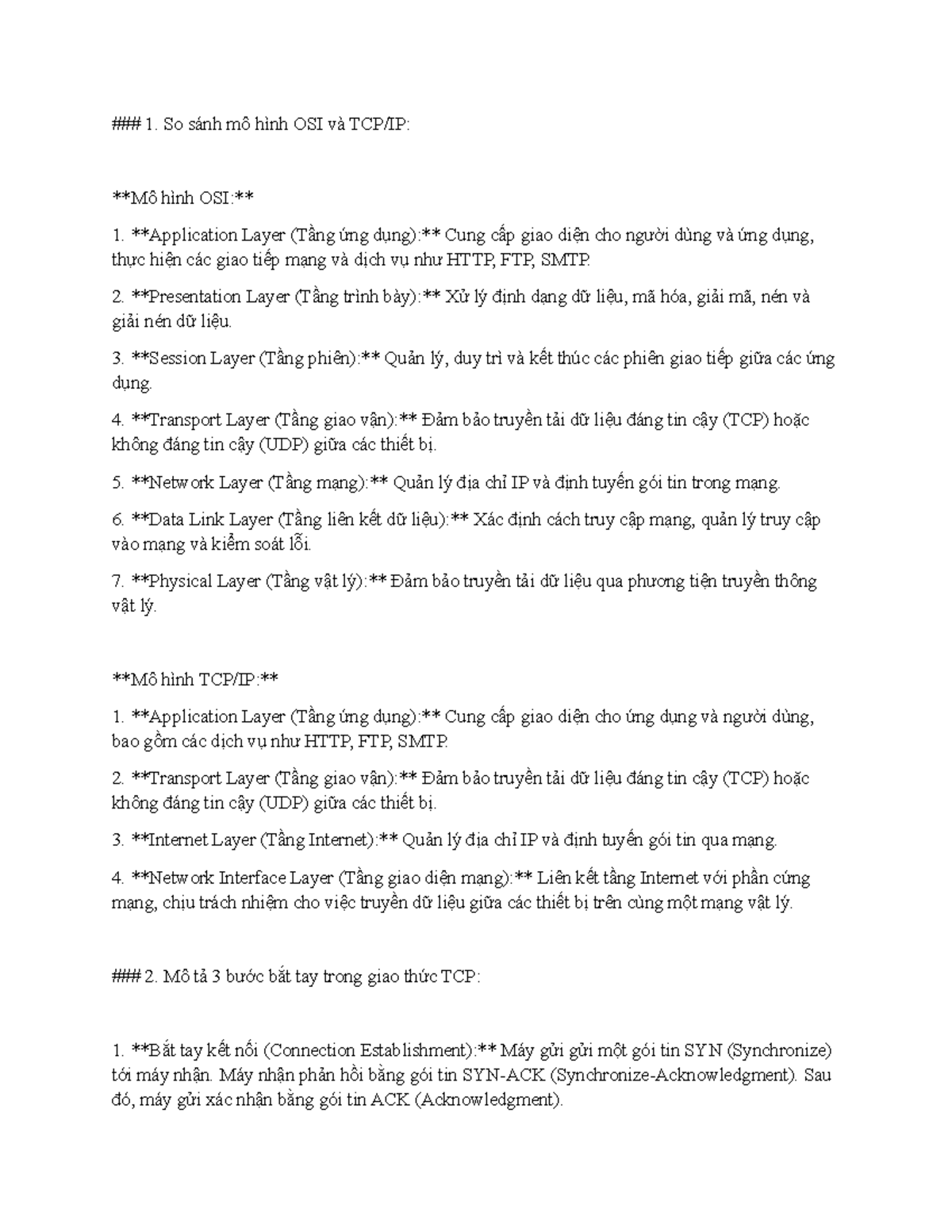 Bai3-MMT - dasdsa - 1. So sánh mô hình OSI và TCP/IP: Mô hình OSI ...