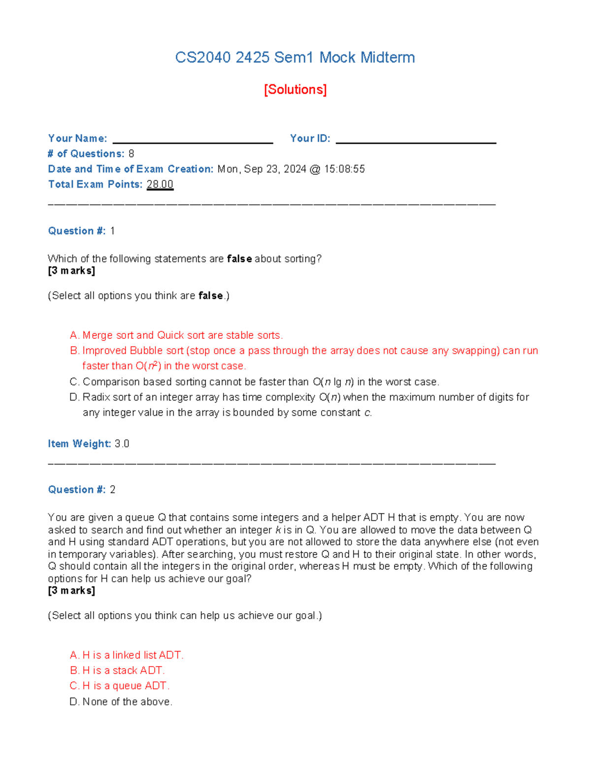 CS2040 2425 Sem1 Mock Midterm - Solutions - CS2040 2425 Sem1 Mock Midterm [Solutions] Your Name ...