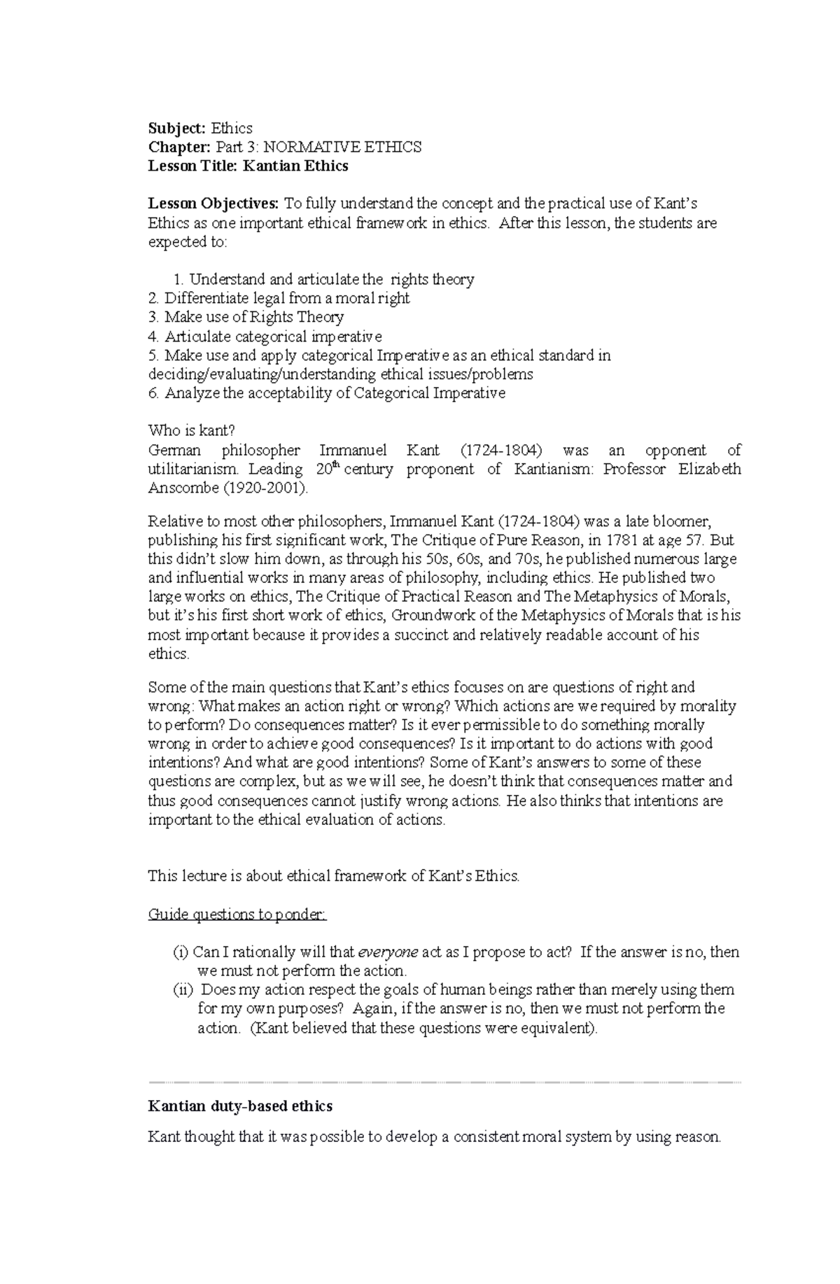 Module on Kant - lecture - Subject: Ethics Chapter: Part 3: NORMATIVE ETHICS Lesson Title ...