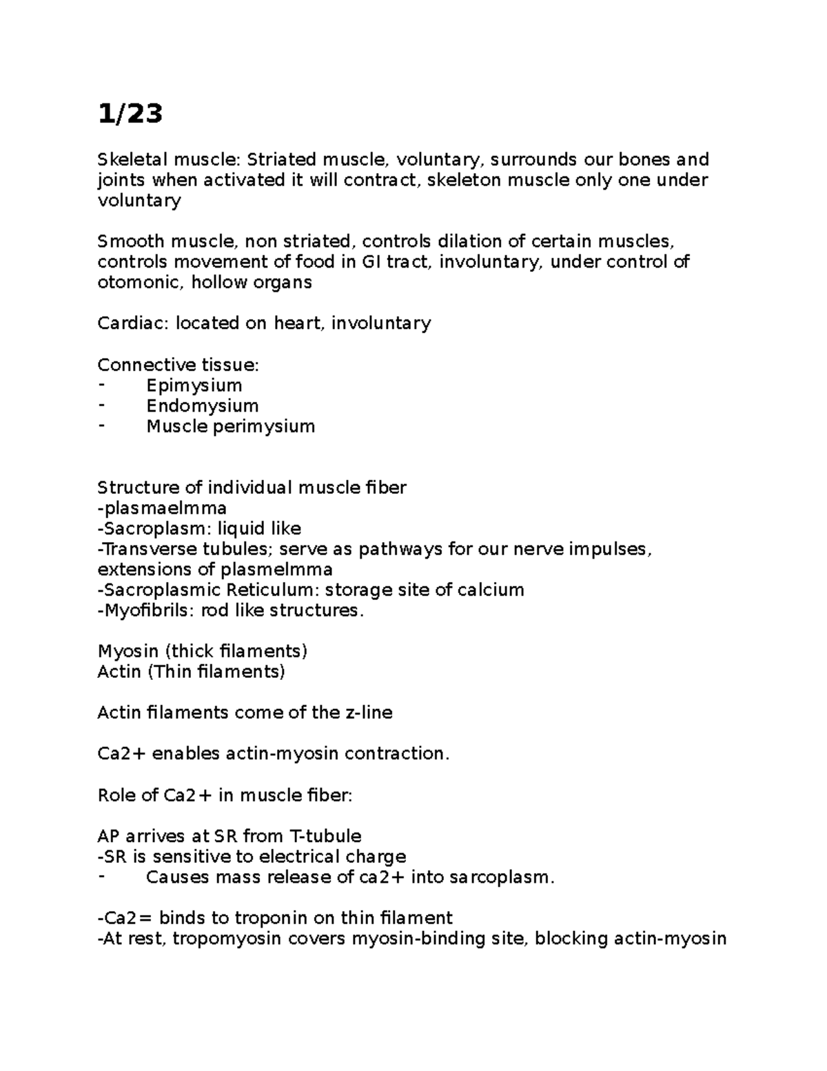Physiology of Exercise notes 1-23 - 1/ Skeletal muscle: Striated muscle ...