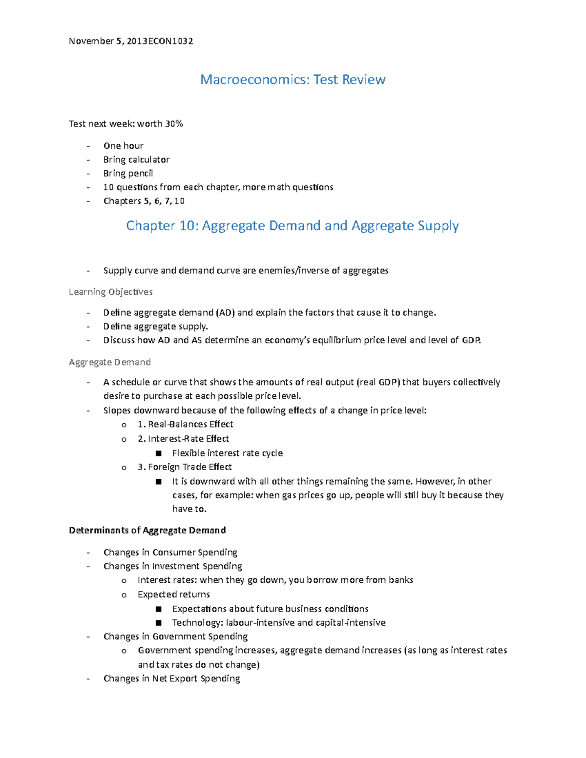 Aggregate Demand and Aggregate Supply - November 5, 2013ECON1032 ...