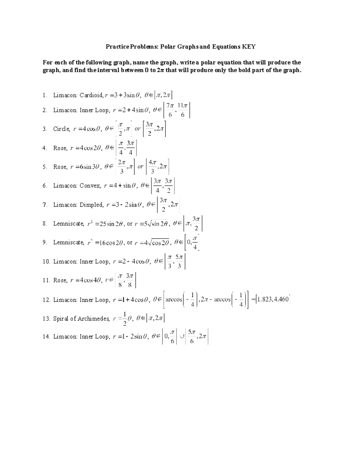 KEy writing polar with restricted interval - Practice Problems: Polar ...
