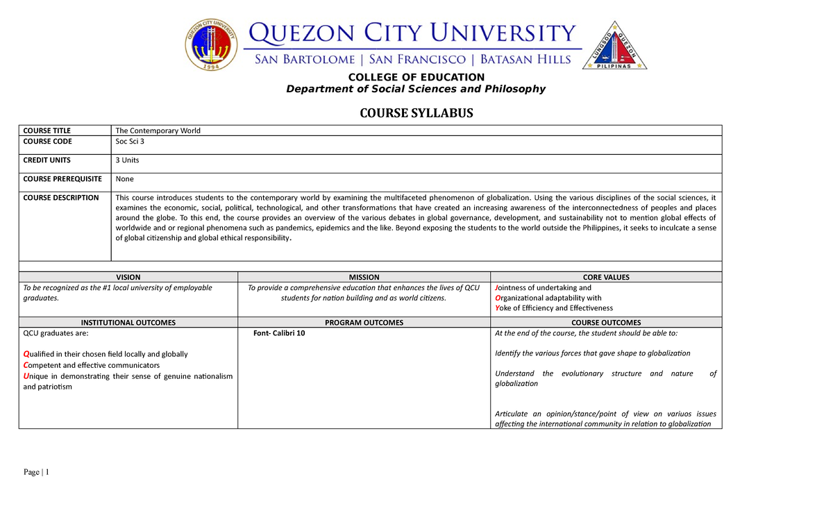 THE Contemporary World Syllabus 2022 - COLLEGE OF EDUCATION Department ...