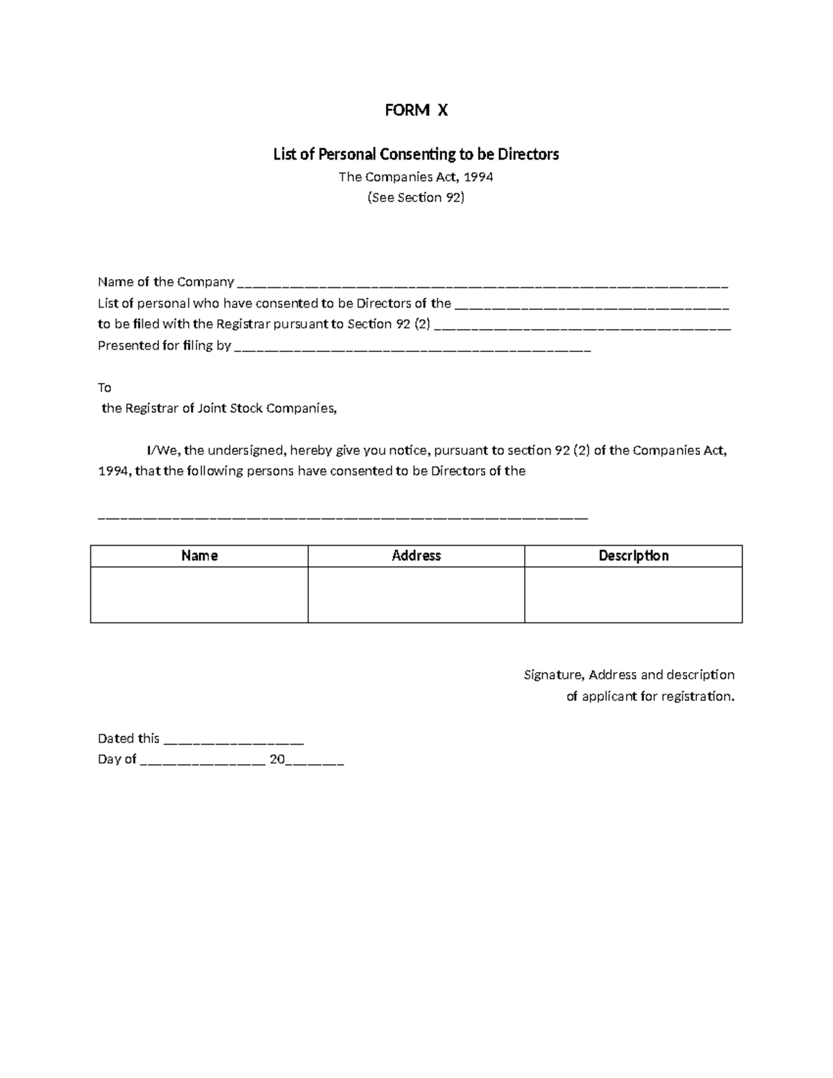 Form X - FORM X List of Personal Consenting to be Directors The ...