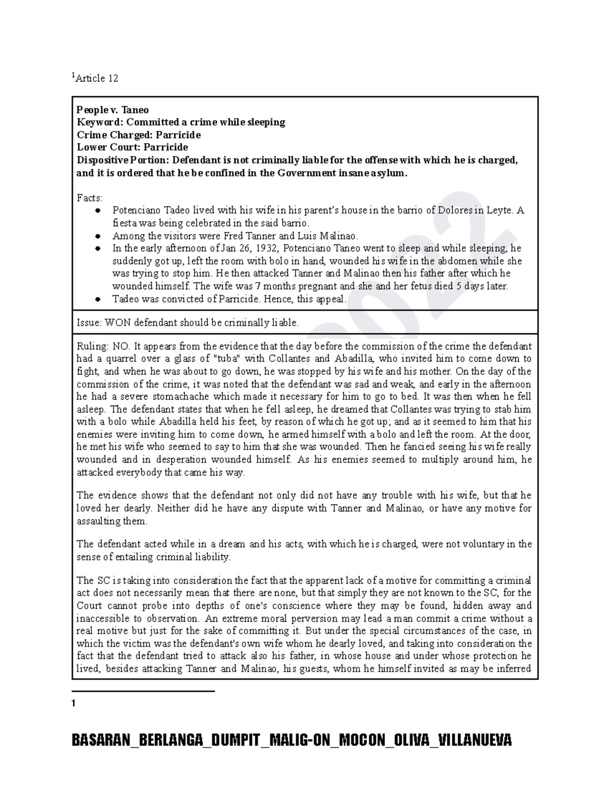 3. Articles 12 - 13 - CASE DIGEST - 2021- 1 Article 12 People v. Taneo ...