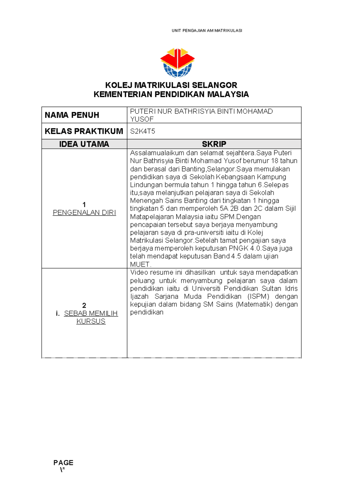 Skrip resume - PAGE * UNIT PENGAJIAN AM MATRIKULASI KOLEJ MATRIKULASI ...