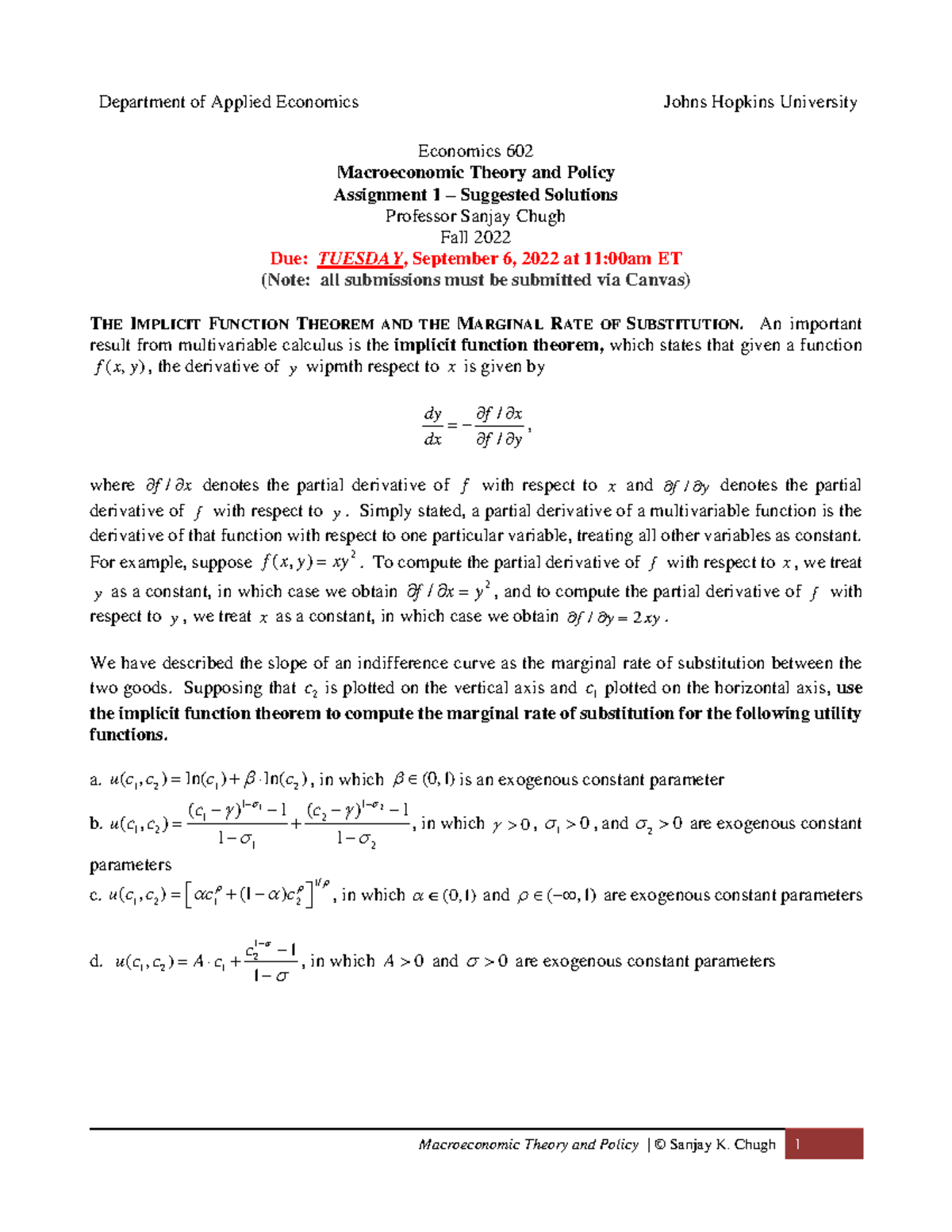 Assignment 1 - Solutions - Macroeconomic Theory and Policy | © Sanjay K ...