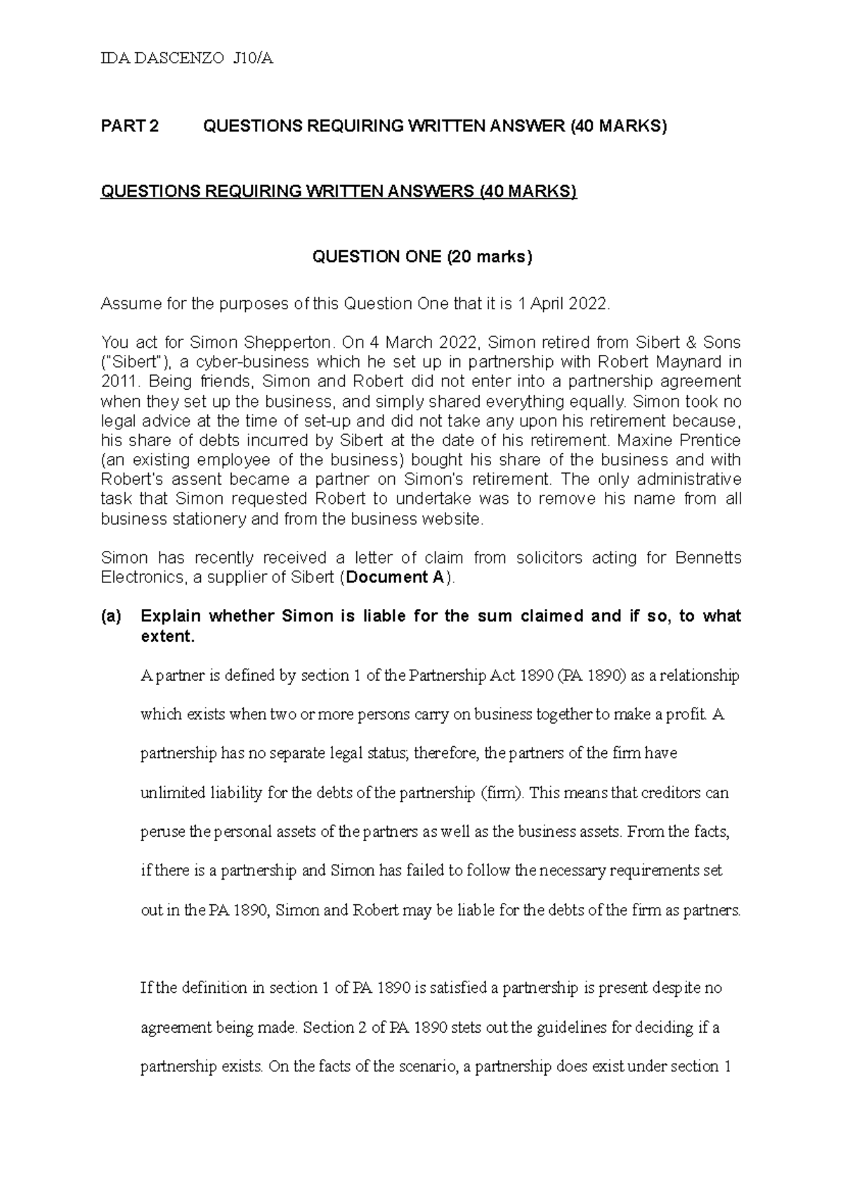 Business moc - mock - PART 2 QUESTIONS REQUIRING WRITTEN ANSWER (40 ...