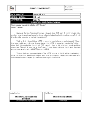 Nstp100-a17-deoe-pido cc - STUDENT ESSAY FORM (StEF) Document No ...