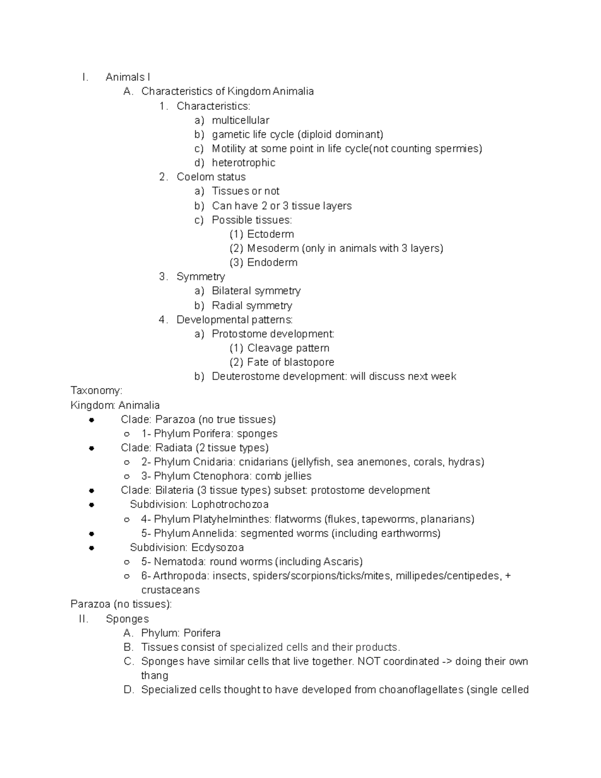 BIO 1802 Full Course Notes Pt 5 - I. Animals I A. Characteristics of ...
