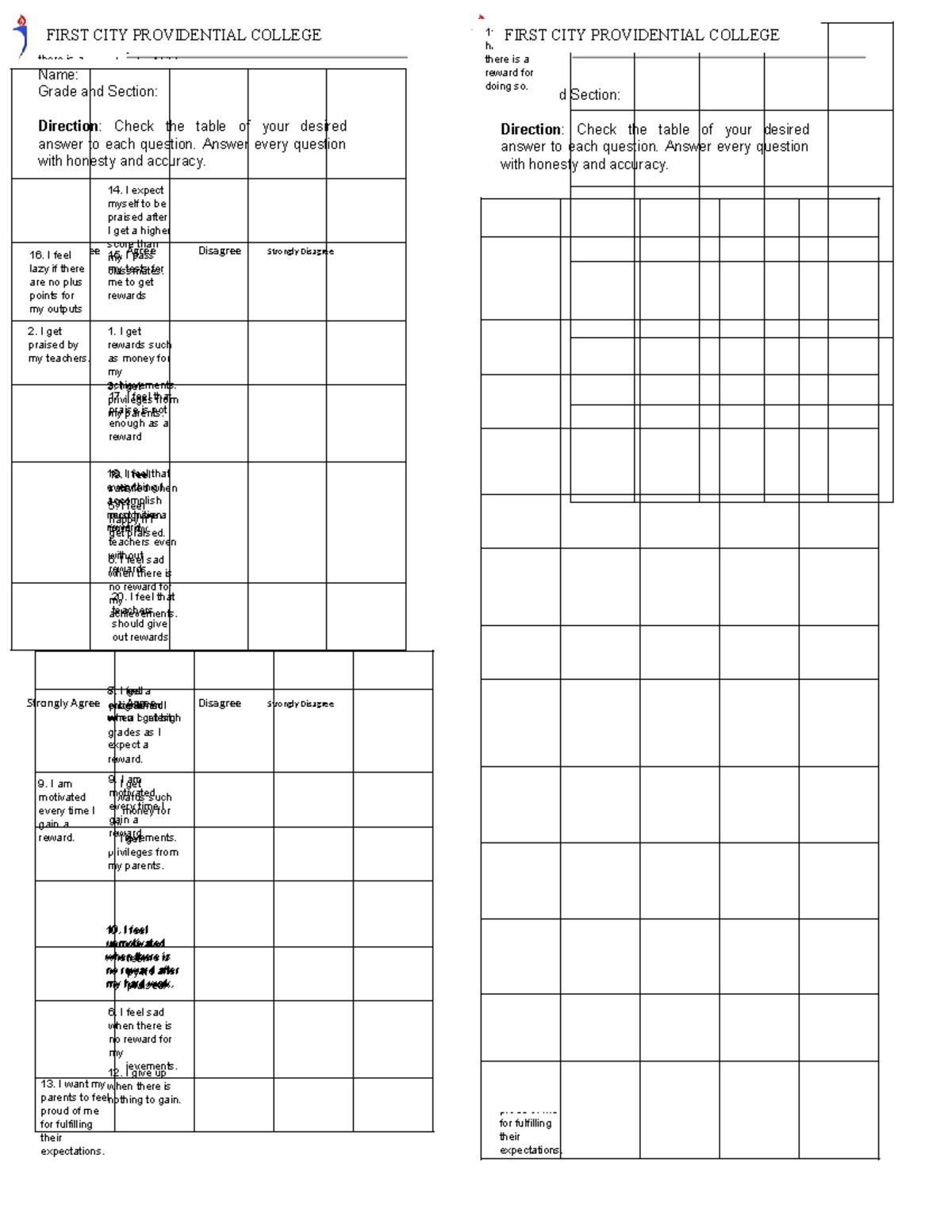 Research-English-Survey - Name: Grade and Section: Direction: Check the table of your desired ...