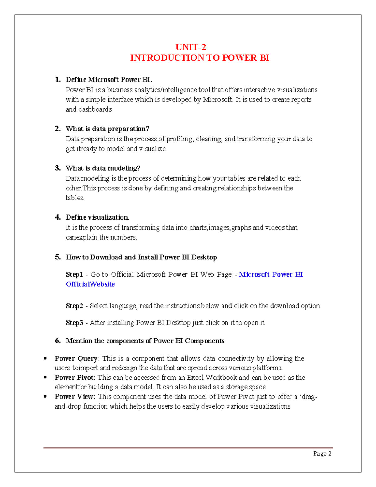 Unit2 Power BI - UNIT- INTRODUCTION TO POWER BI 1. Define Microsoft Power BI. Power BI is a ...