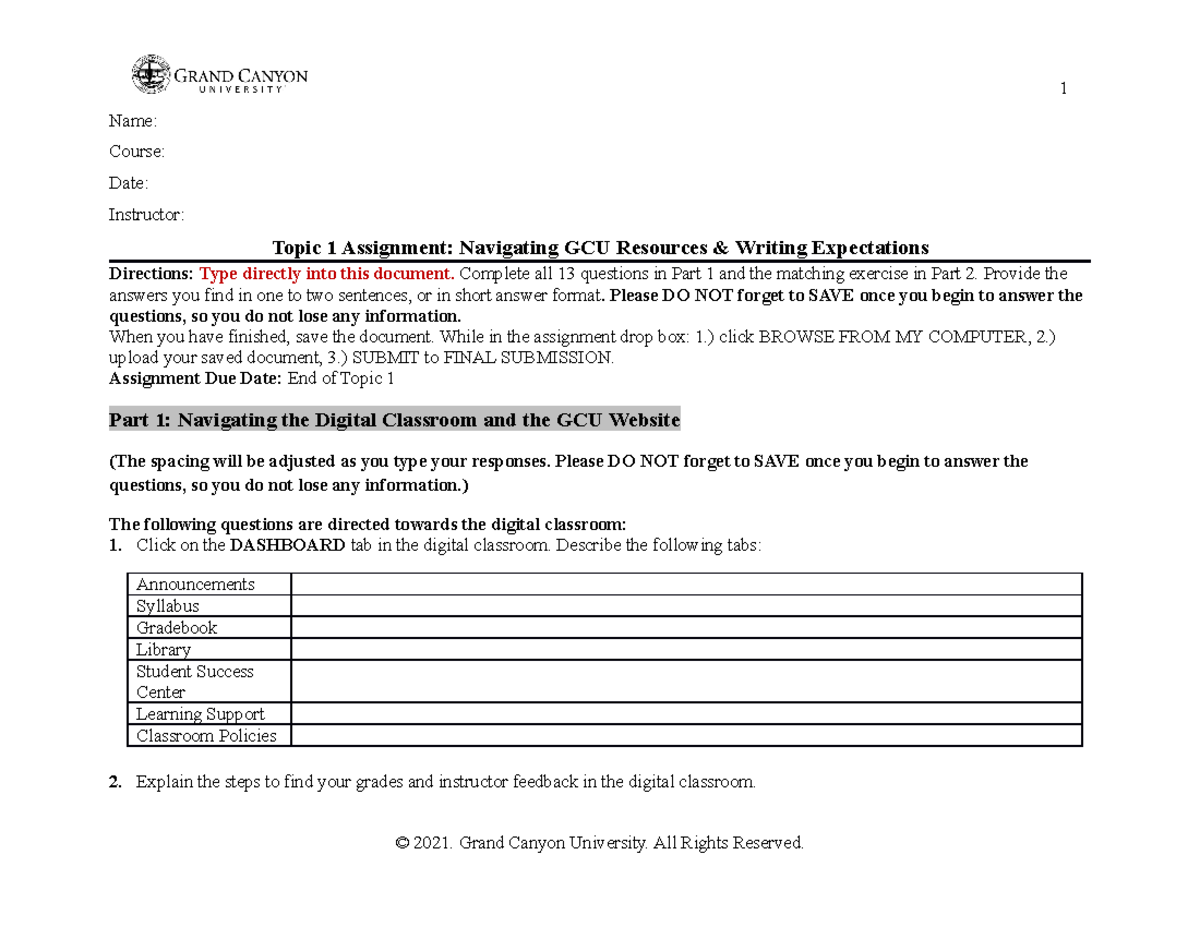 UNV 103 T1 Resources Worksheet - Name: Course: Date: Instructor: Topic 1 Assignment: Navigating ...