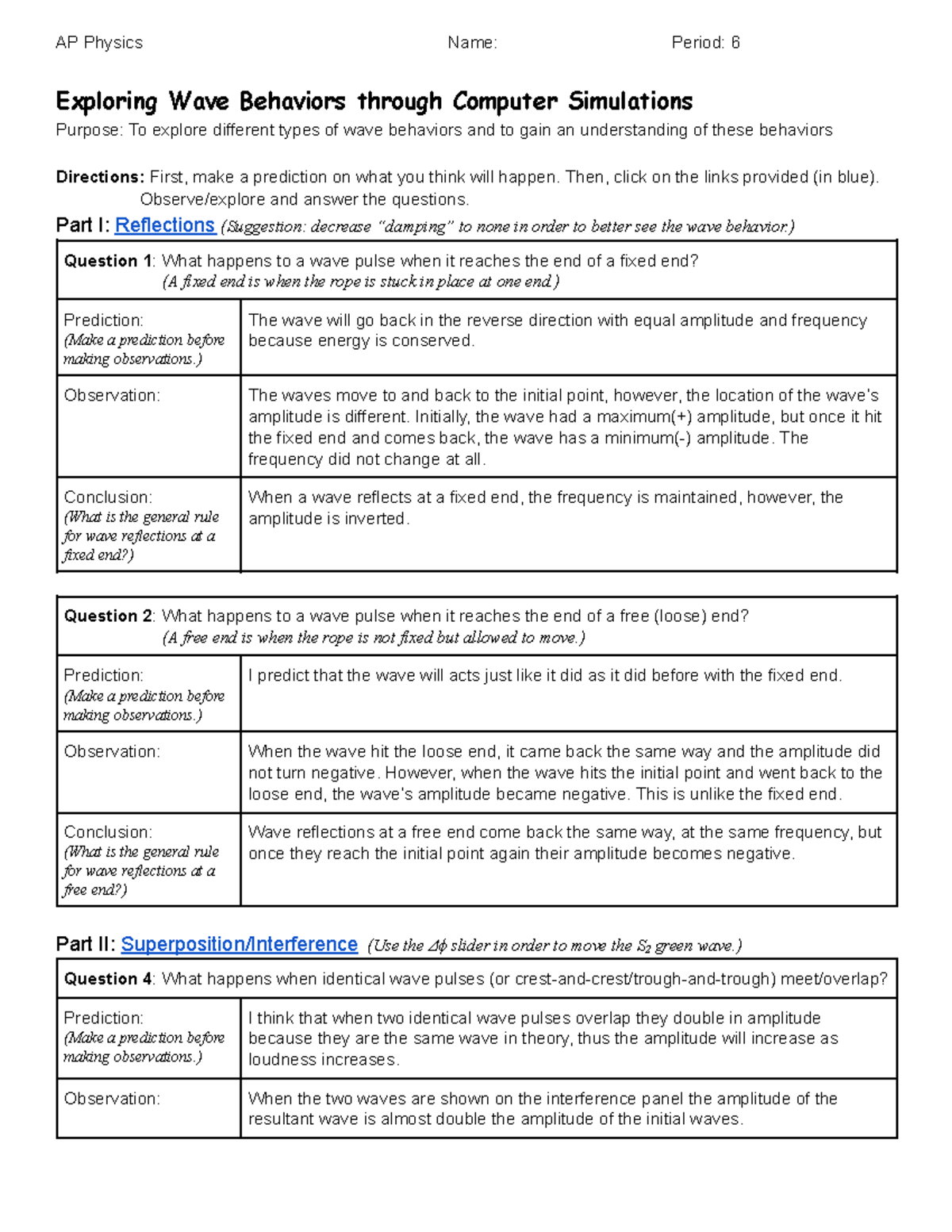 Exploring Wave Behaviors through Simulations Activity - AP Physics Name: Period: 6 Exploring ...