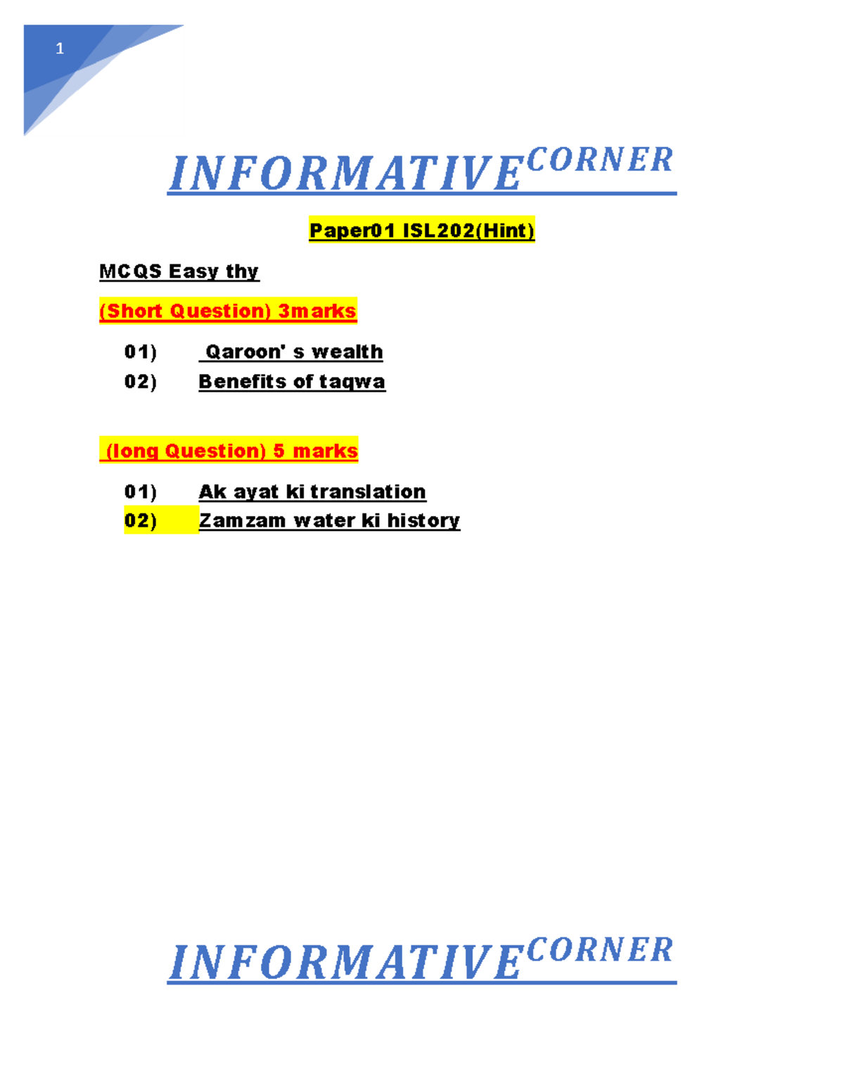 ISL202 by Informative Corner - 𝑪𝑶𝑹𝑵𝑬𝑹 𝑰𝑵𝑭𝑶𝑹𝑴𝑨𝑻𝑰𝑽𝑬 𝑪𝑶𝑹𝑵𝑬𝑹 Paper01 ISL202 ...