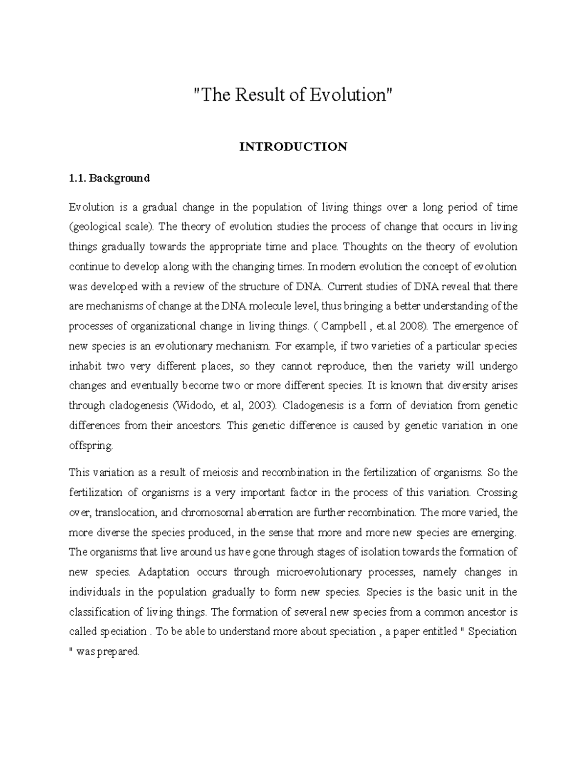 The Result of Evolution - "The Result of Evolution" INTRODUCTION 1 ...